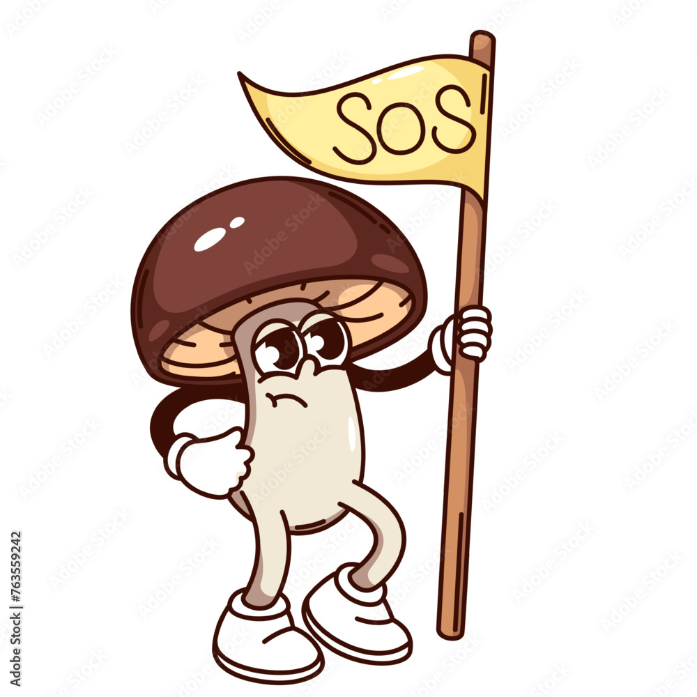 Groovy mushroom cartoon character holding flag with SOS text. Funny ...