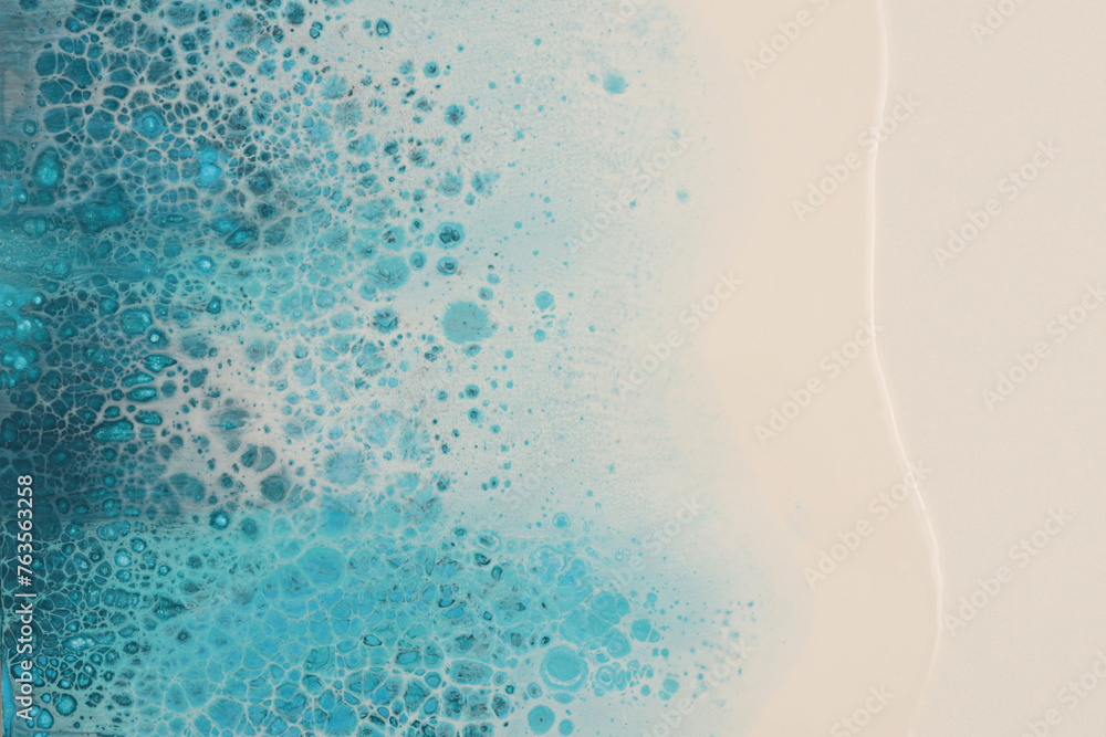 Abstract flow acrylic and watercolor pour marble painting blot. Color blue, beige, white wave ...