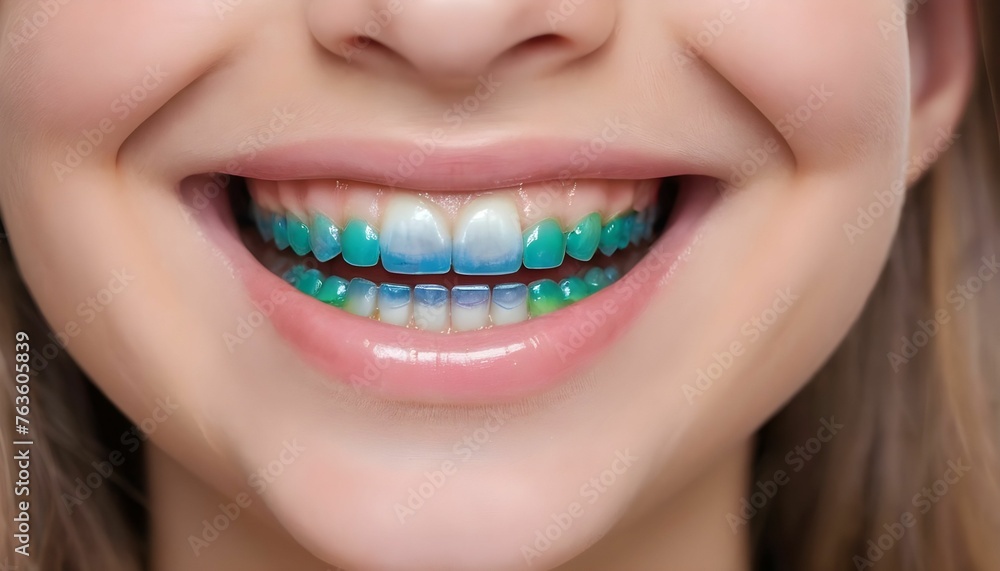 Smile of a teenage girl with bright multi-colored shiny braces on ...