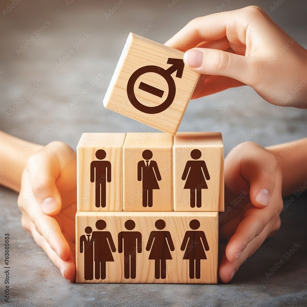 Concepts of gender equality. Hand flip wooden cube with symbol unequal ...
