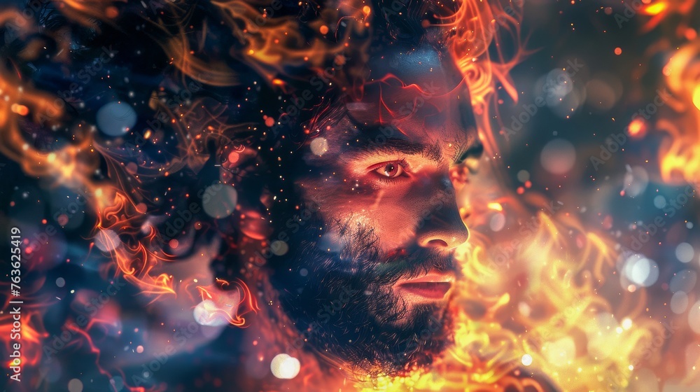 This striking image shows a man's face emerging from fiery depths ...