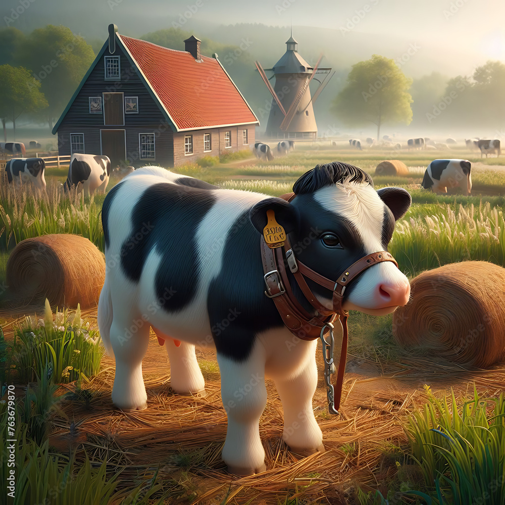 cow in a field of hay. cow in a meadow. Healthy dairy cows feeding on ...