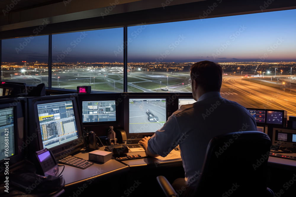 Workplace air traffic aircraft controller tower at an international ...