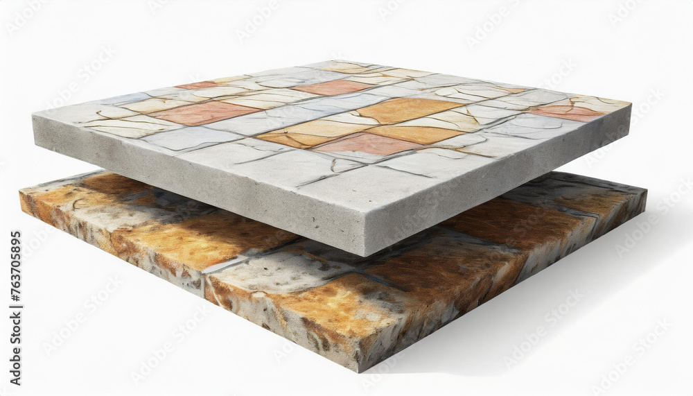 Tiles on the concrete piece. See floor layers. Isolated on a white ...