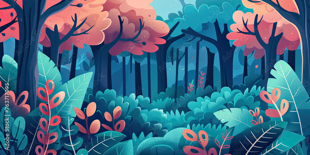 Cartoon forest background, anime style trees backdrop design graphic ...