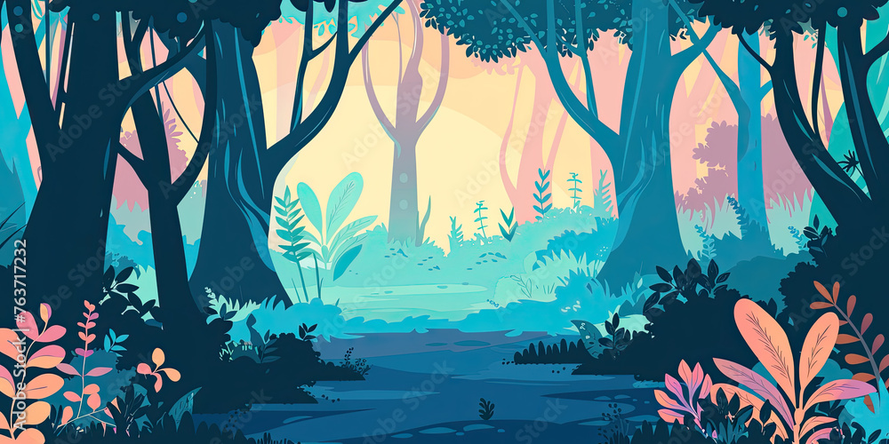 Cartoon forest background, anime style trees backdrop design graphic ...