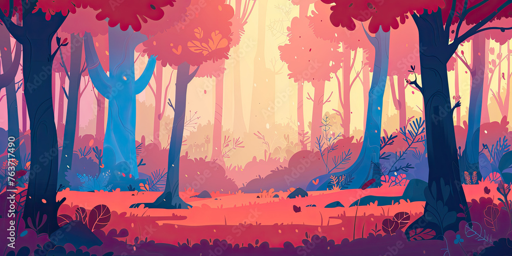 Cartoon forest background, anime style trees backdrop design graphic ...