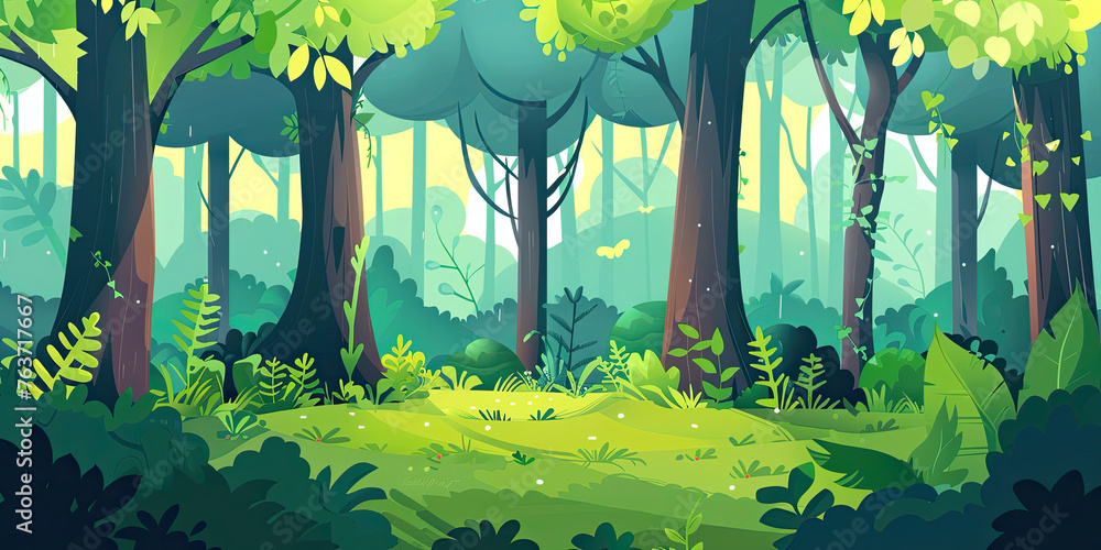 Cartoon forest background, anime style trees backdrop design graphic ...