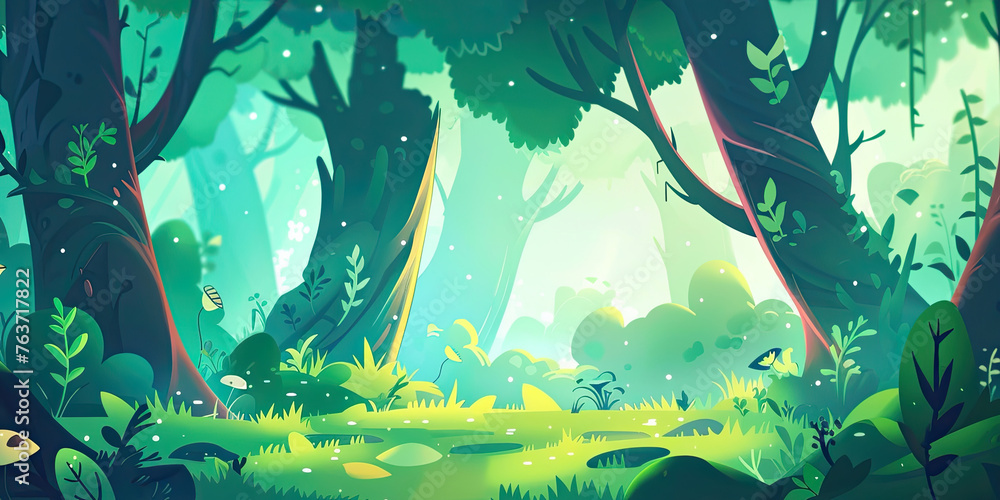 Cartoon forest background, anime style trees backdrop design graphic ...