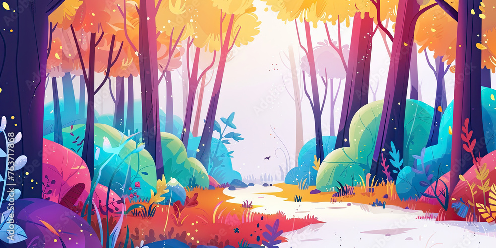 Cartoon forest background, anime style trees backdrop design graphic ...