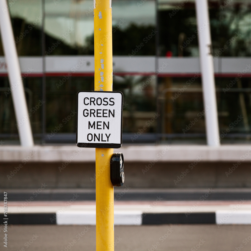 Street, traffic light and sign for pedestrian by crosswalk with mistake ...