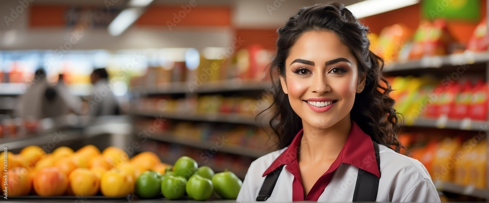 Female Hispanic mexican grocery supermarket clerk worker employee on ...