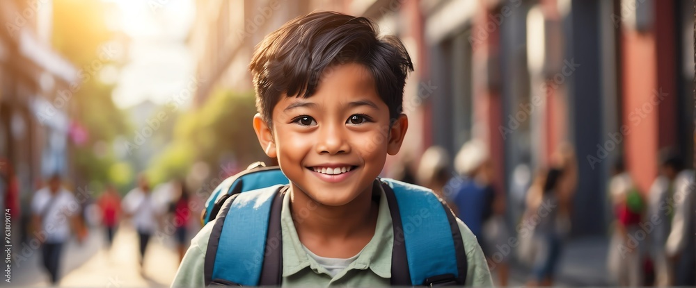 Happy smiling filipino little kid boy carrying a backpack going back to ...
