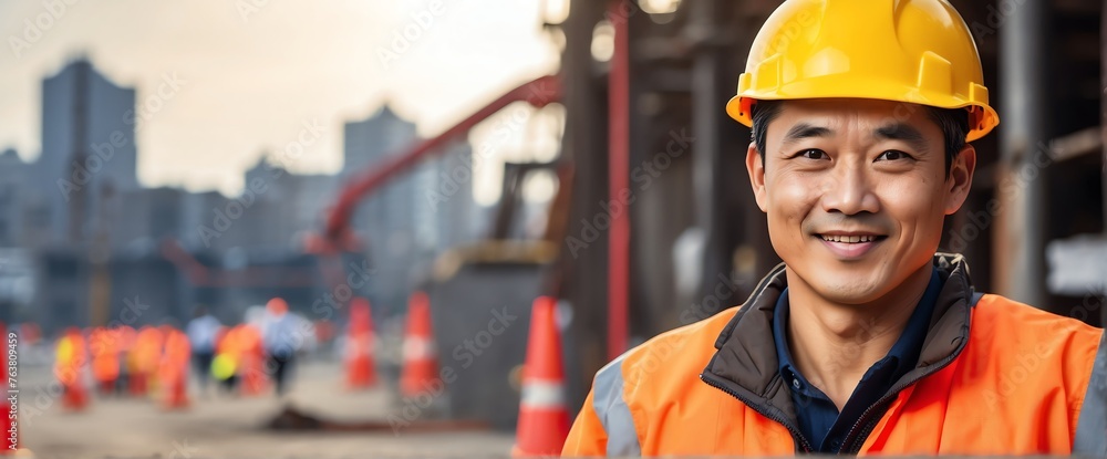 Male Chinese engineer architect on construction site smiling looking at ...