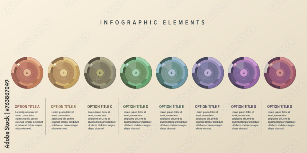 Business process chart infographics with 8 step circles. Round workflow graphic elements ...