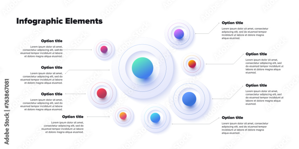 Business process chart infographics with 8 step spheres. Round workflow ...