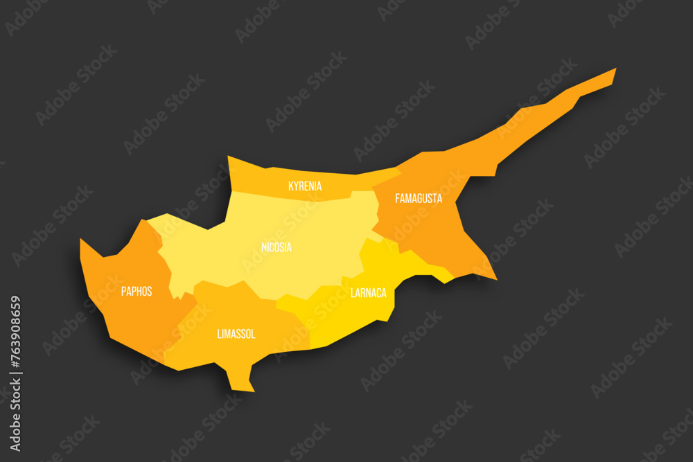 Cyprus political map of administrative divisions - districts. Yellow ...