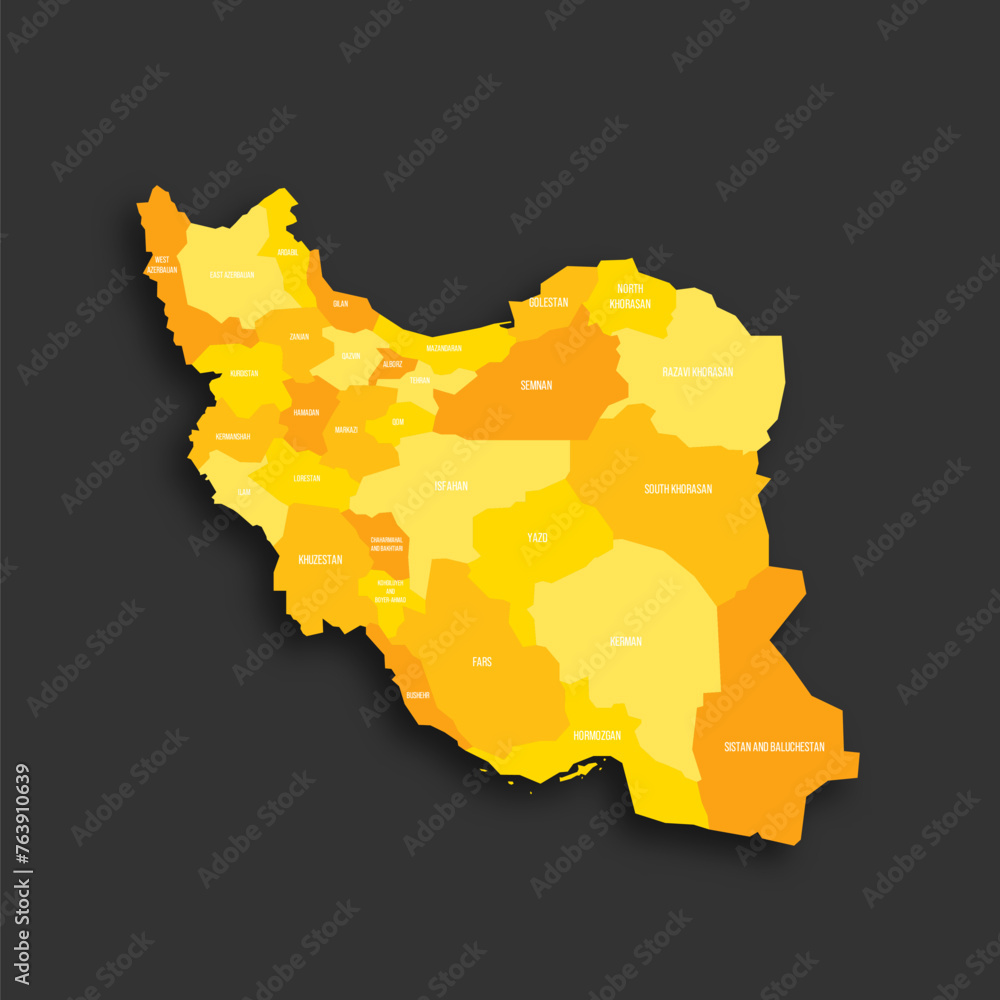 Iran political map of administrative divisions - provinces. Yellow ...