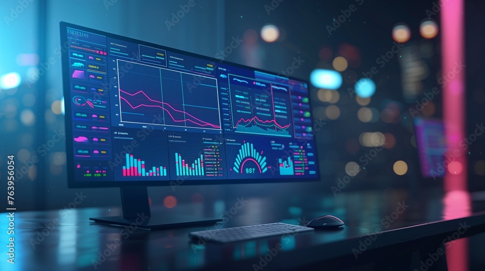 Computer monitor displaying an abstract network monitoring dashboard with real-time data ...