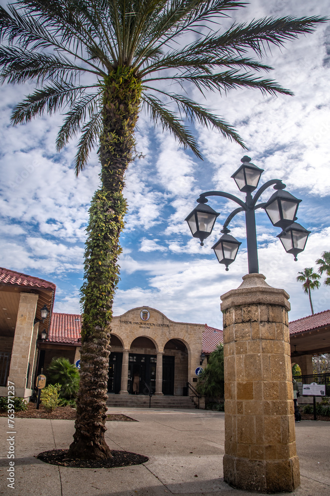 Clock Tower outside with blue skies, clouds, in historic downtown St ...