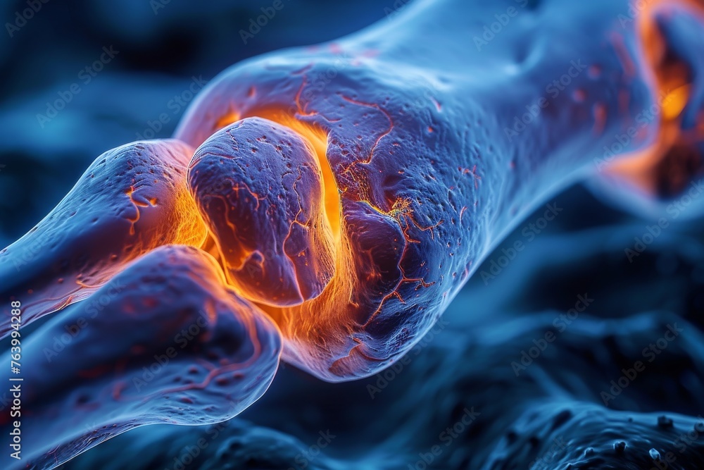 High-resolution image of neuron cells with illuminated synapses depicting neural activity and ...