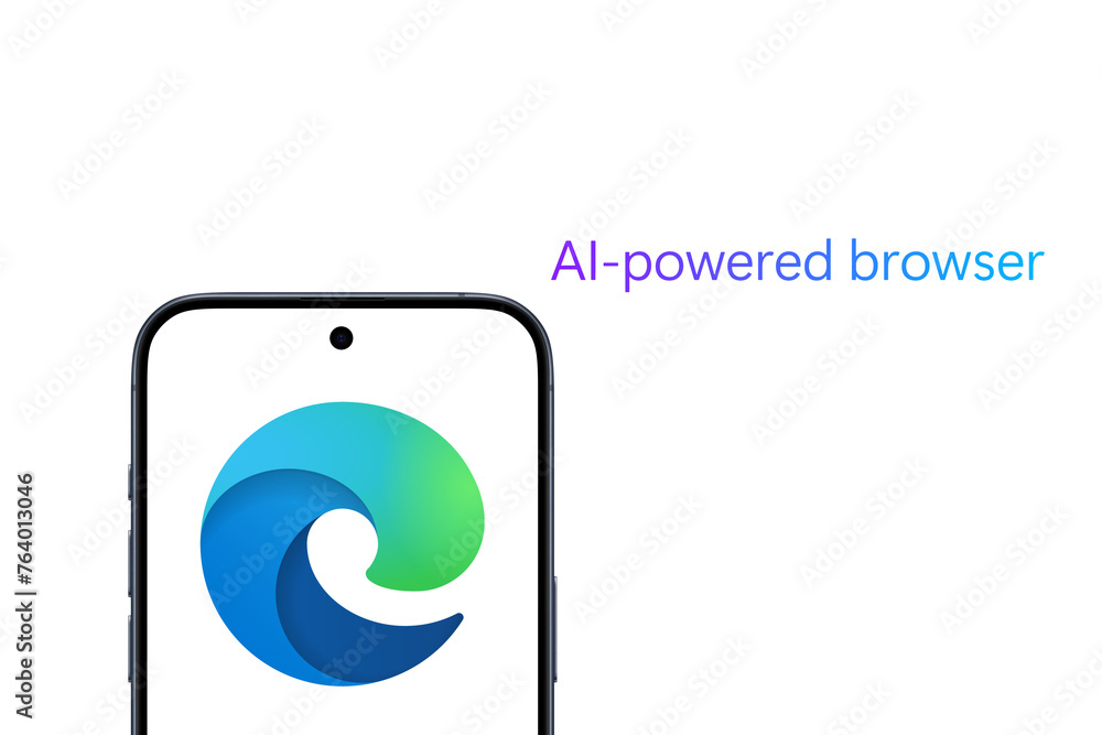 Microsoft Edge logo is displayed on a modern smartphone, white background and "AI - powered ...