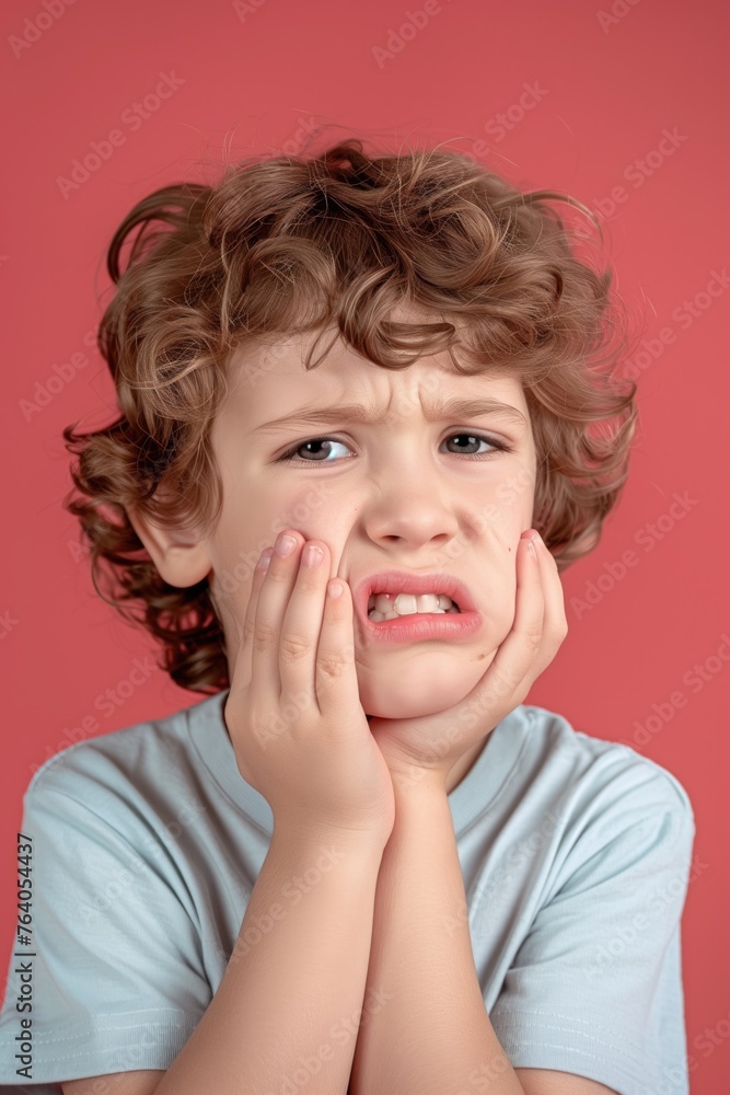 Boy suffering from toothache, touching his cheek feeling painful. Stock ...