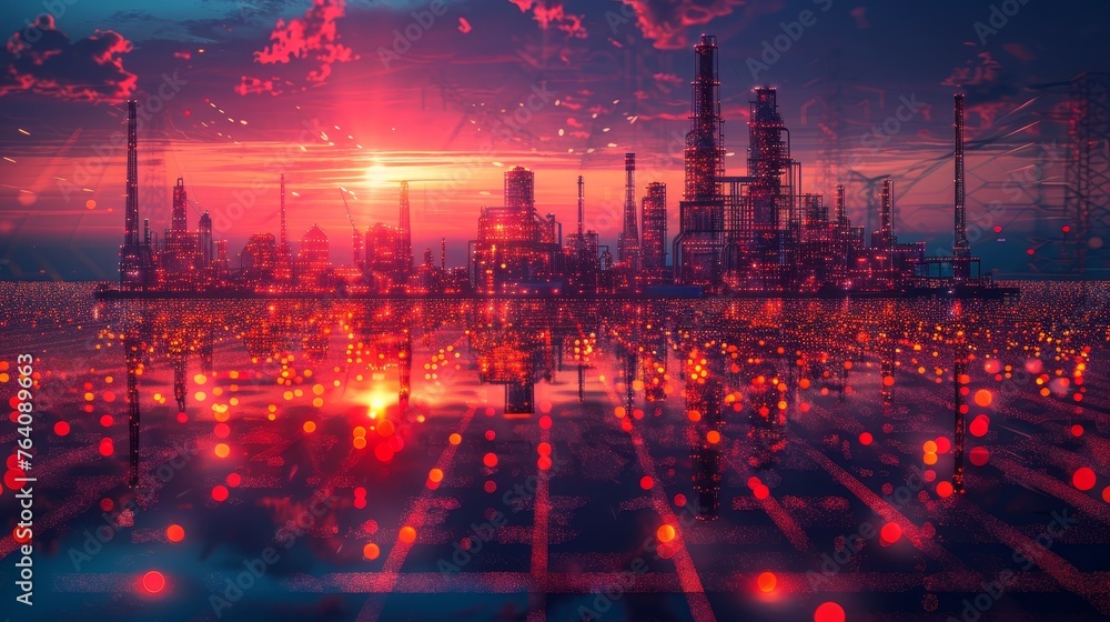 Modern illustration of the world oil industry on a sunset backdrop ...