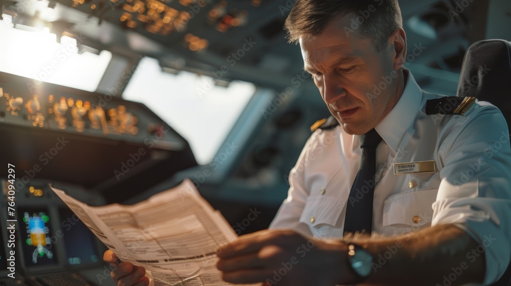 A pilot in the cockpit, dressed in uniform, attentively reading a ...
