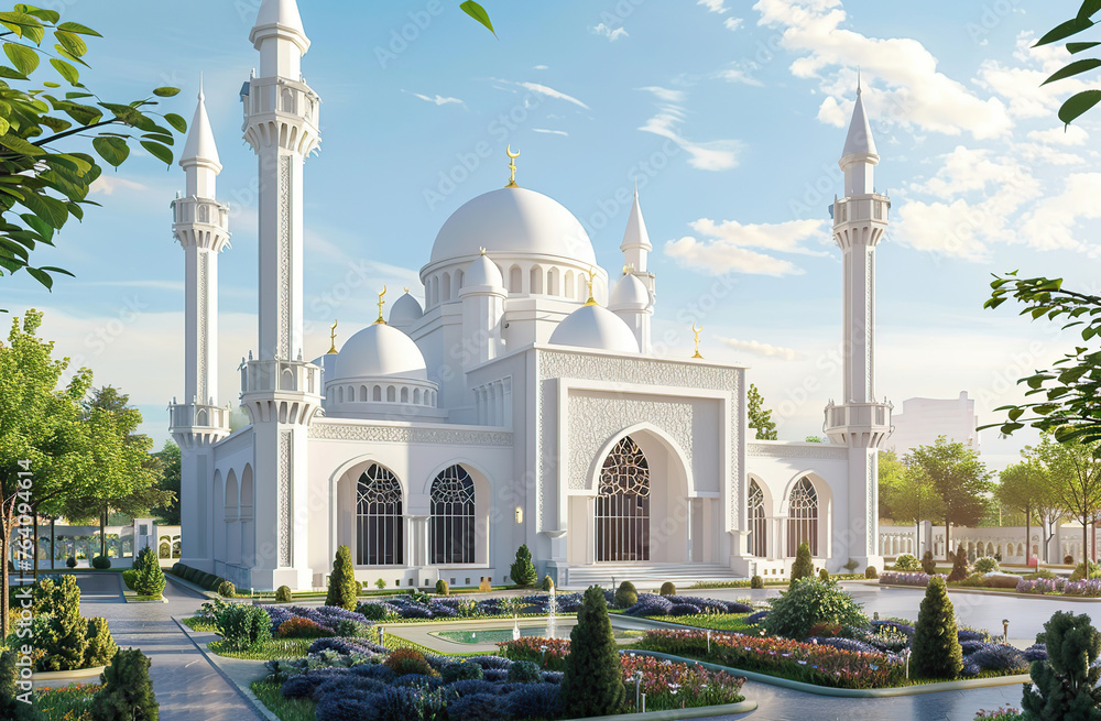 3d model of white mosque with dome and minarets, with small garden ...