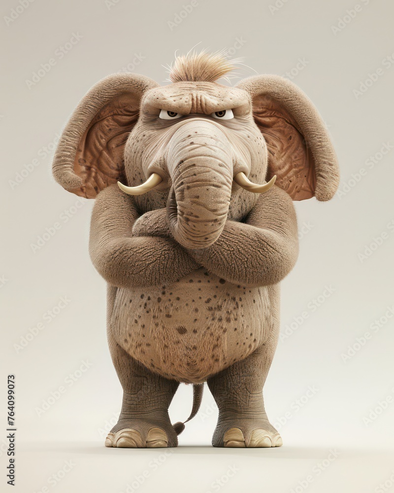 Cartoon Elephant Stands Upright With Crossed Arms Wearing A Scowling