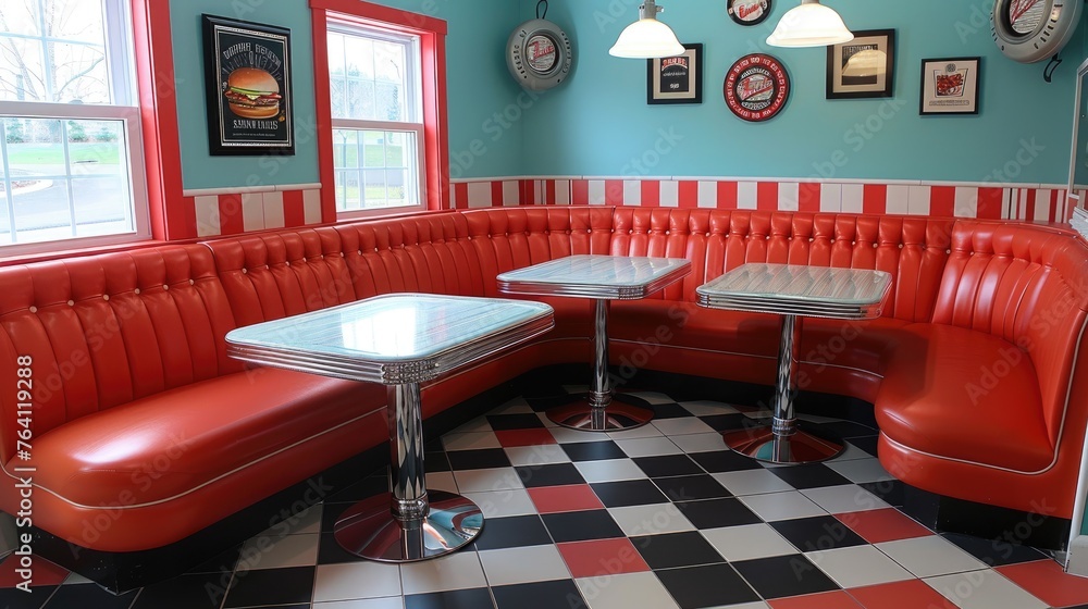Retro 1950s diner themed kitchen with checkered flooring and classic ...