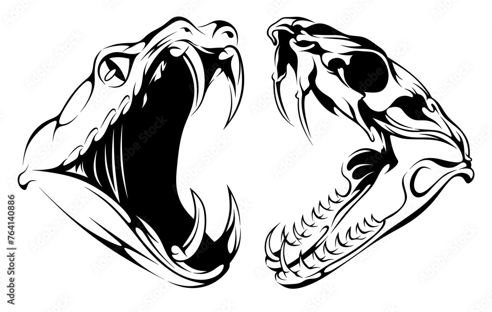 Venomous snake skull head with teeth clipart. Monochrome logo with ...