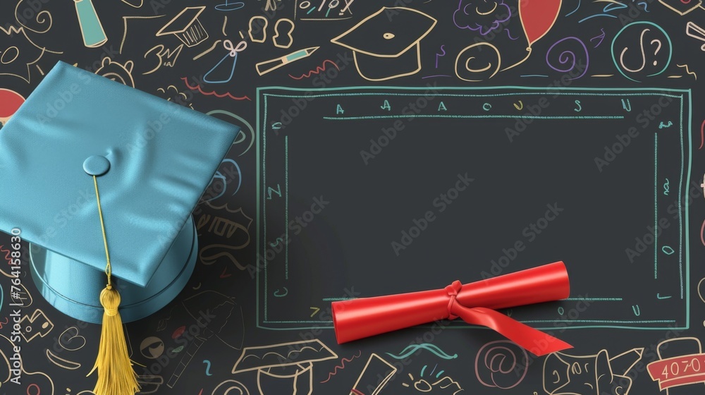 A teal graduation cap and red diploma lie on a dark background that ...