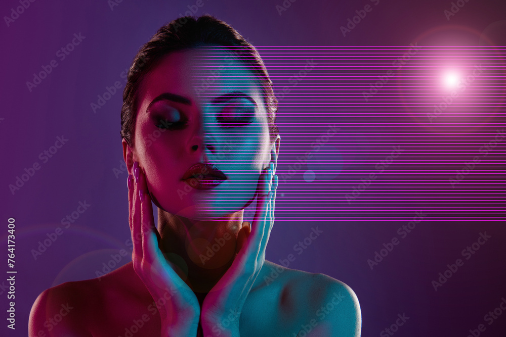 Creative virtual digital 3d collage of lady touch face having laser ...