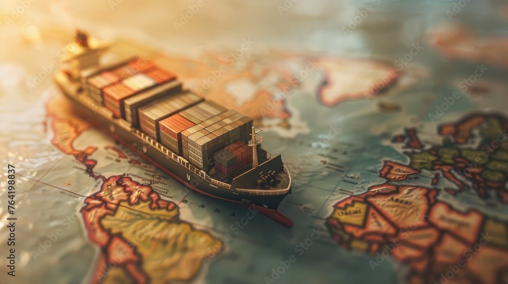 Diorama of a miniature cargo ship loaded with containers on a world map ...