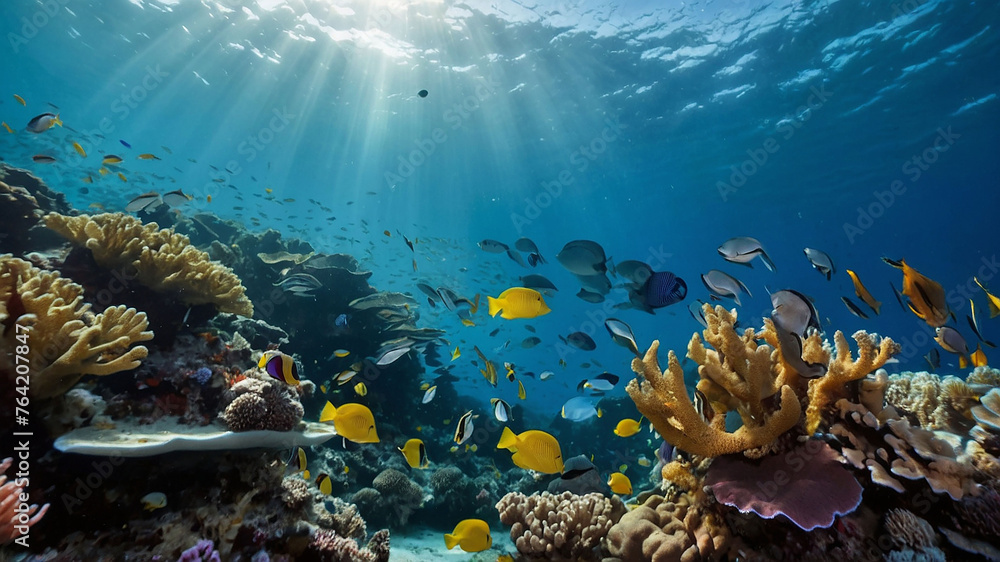 An underwater scene with colorful coral reefs and diverse marine life ...