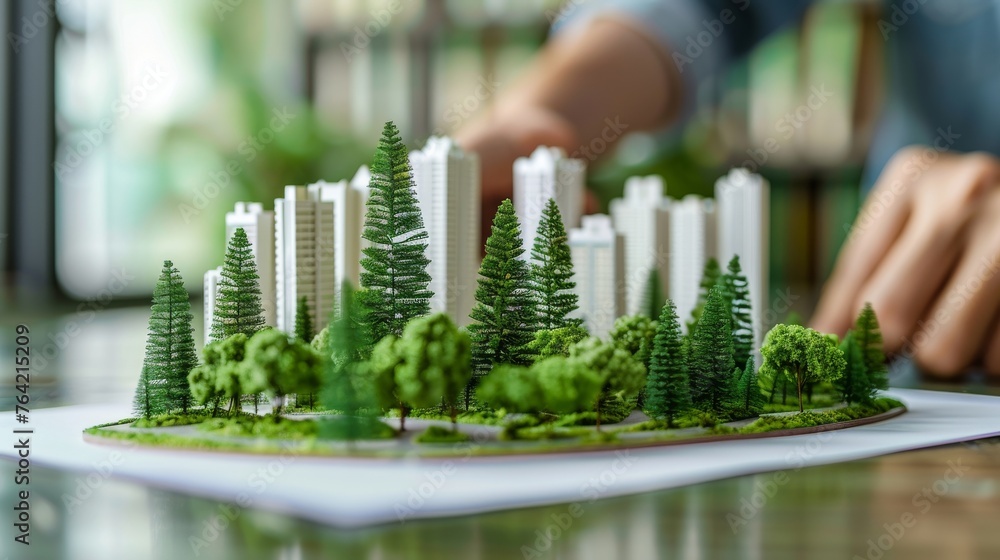 Man modeling sustainable green city concept with eco friendly white ...