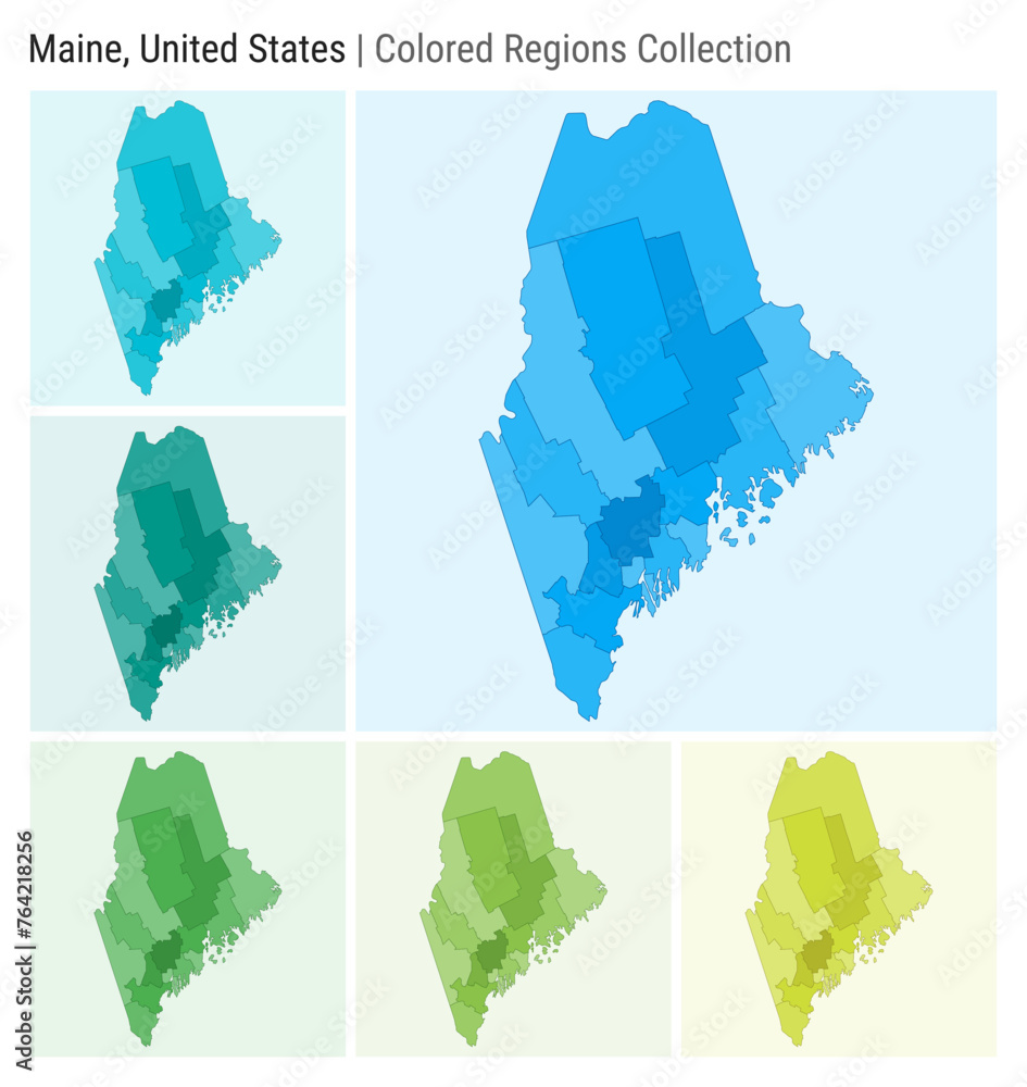 Maine, United States. Map collection. State shape. Colored counties ...