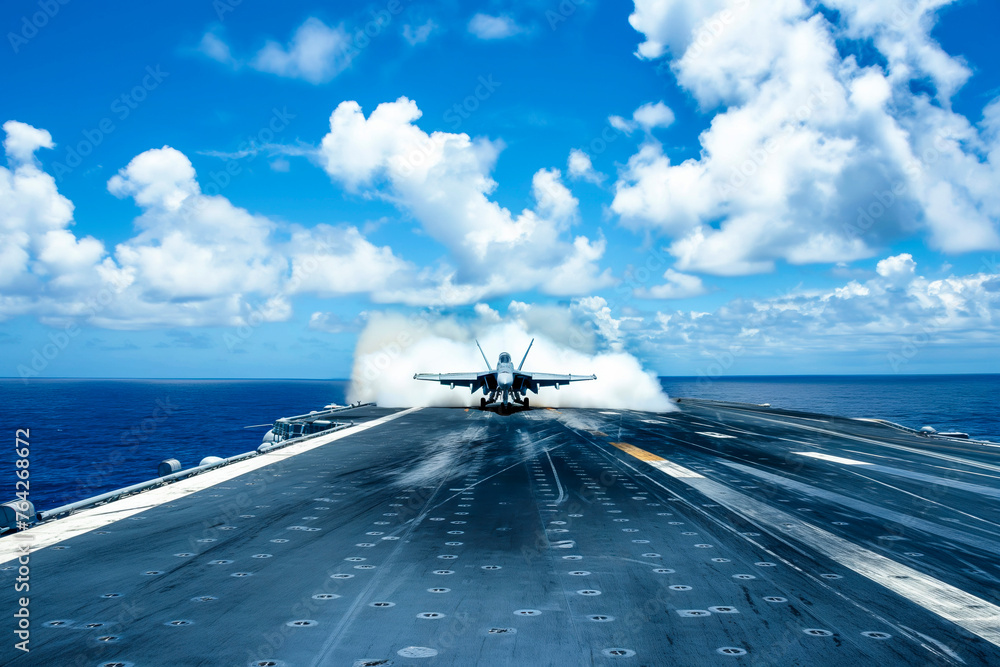 Military Aircraft Launches from Carrier Deck in Open Waters. Launch ...