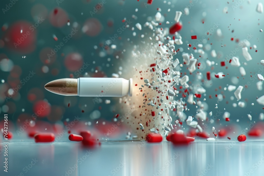 A bullet hitting into the ground surrounded by red and white confetti ...