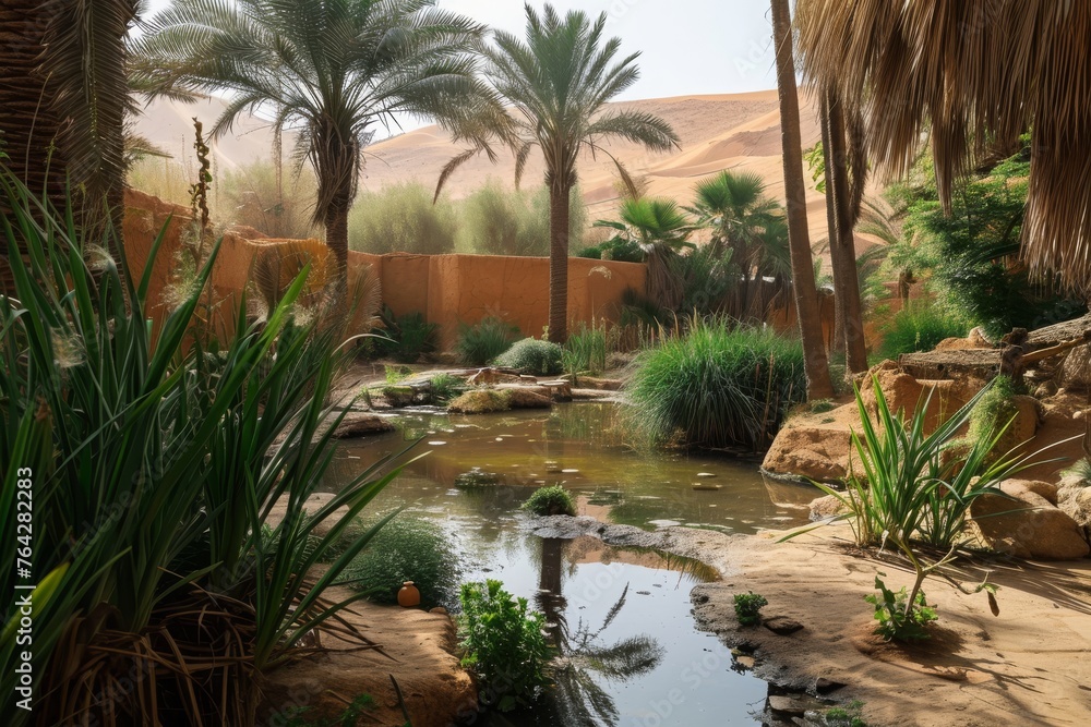 A small pond is surrounded by lush palm trees in a barren desert ...
