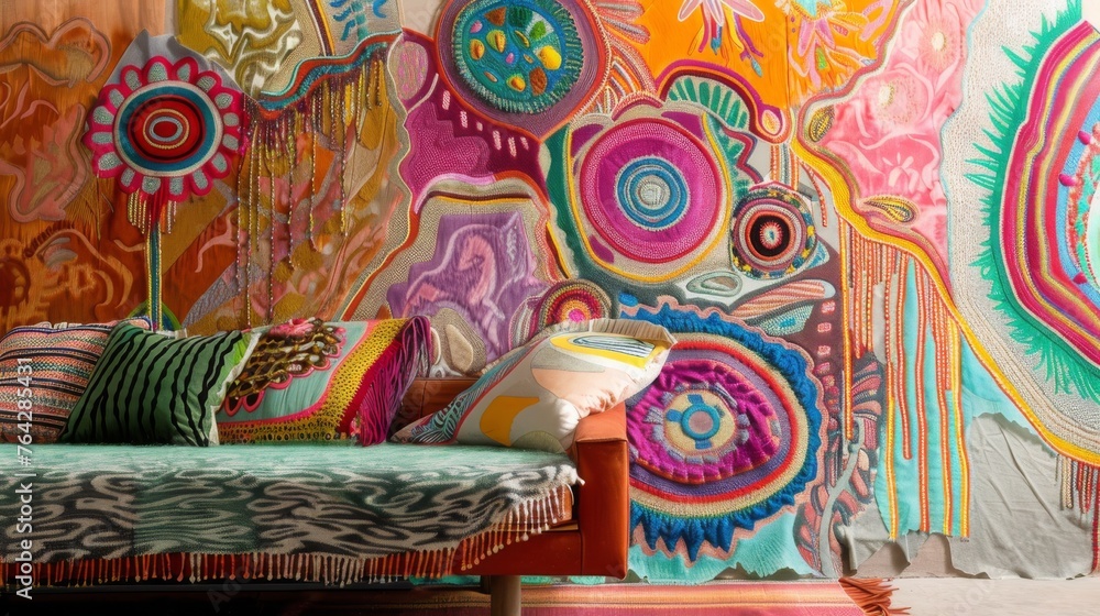 Colorful Abstract Textile Art in Eclectic Interior Design Stock Photo ...