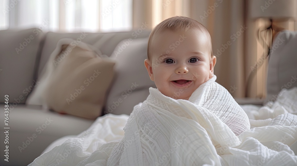 A happy baby wrapped in a white swaddle sits on a sofa with an empty ...