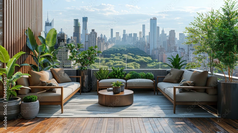 Rooftop terrace mockup, sparse modern furniture, city skyline view ...