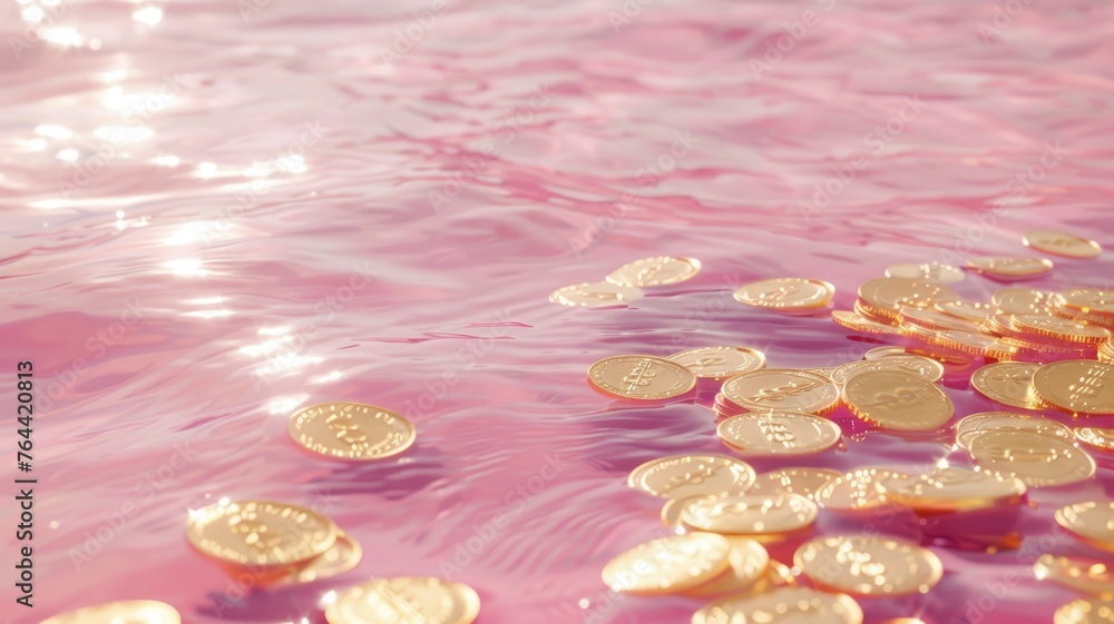 Floating coins on a pink shimmering water - Gold coins floating on a ...