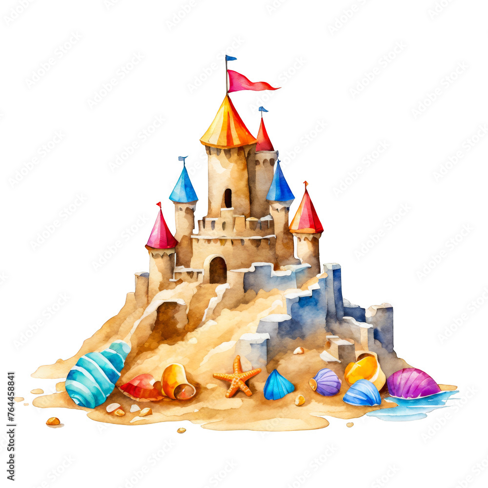 Sandcastle with shells and beach toys, watercolor painting, kids ...