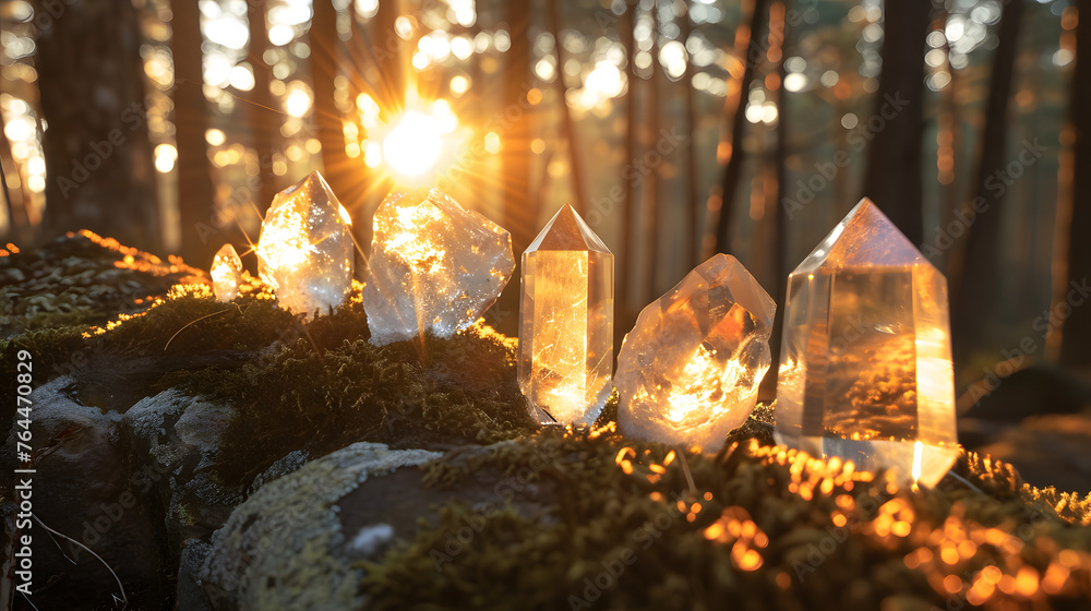 Entroduce glass prisms into forest scenes during sunset, creating ...