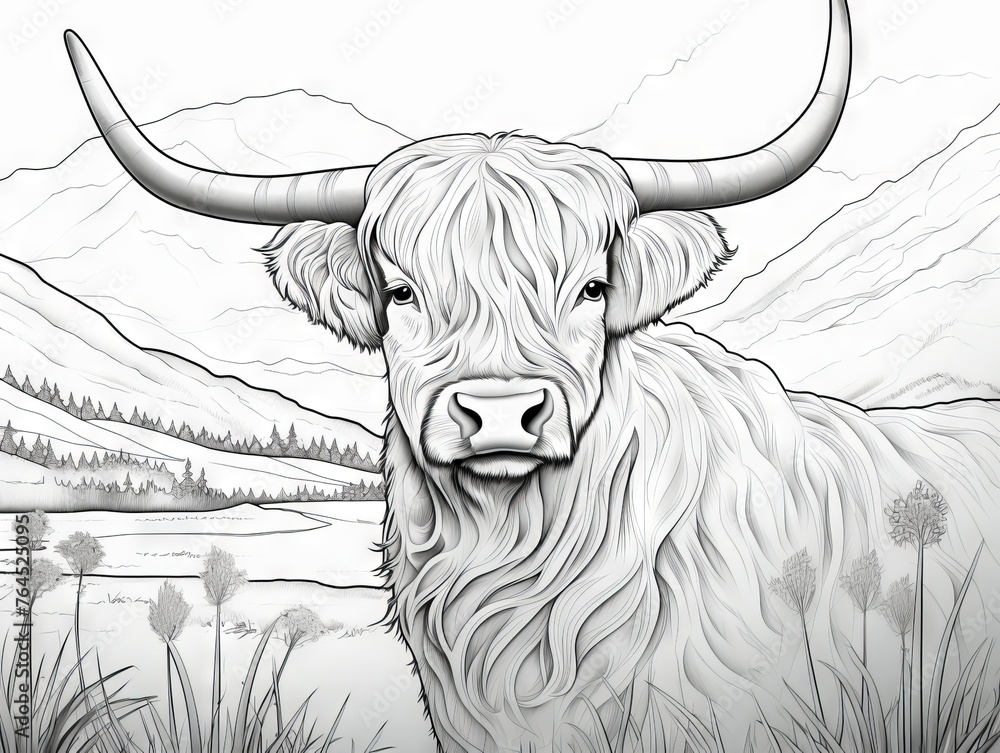 Highland cow illustration for coloring - serene farm animal outline ...