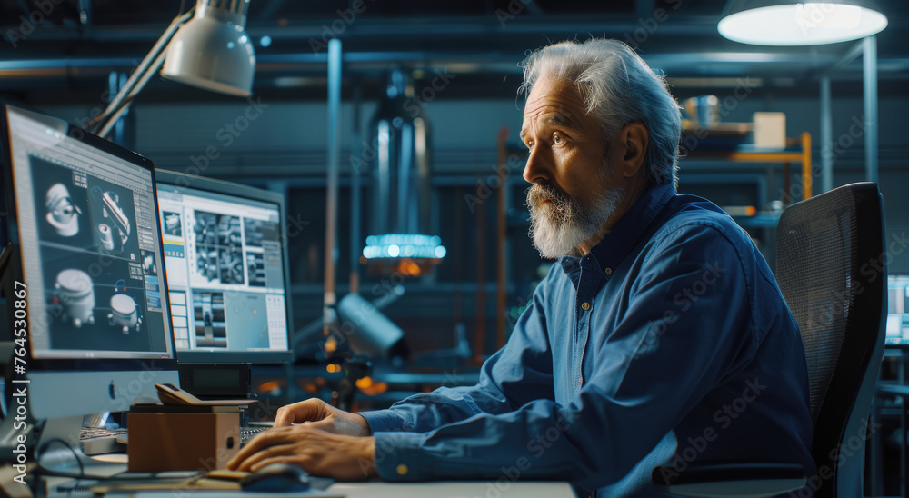 In the modern factory, an engineer is using three computer monitors to ...